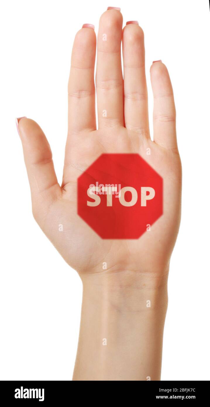 Female hand with sign STOP isolated on white Stock Photo - Alamy