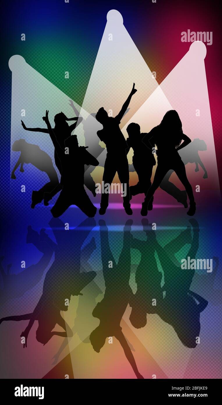 Silhouettes of dancing people on bright color dance floor Stock Photo ...