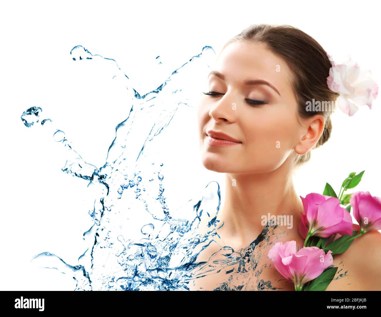 Beautiful young woman and water splash isolated on white Stock Photo ...