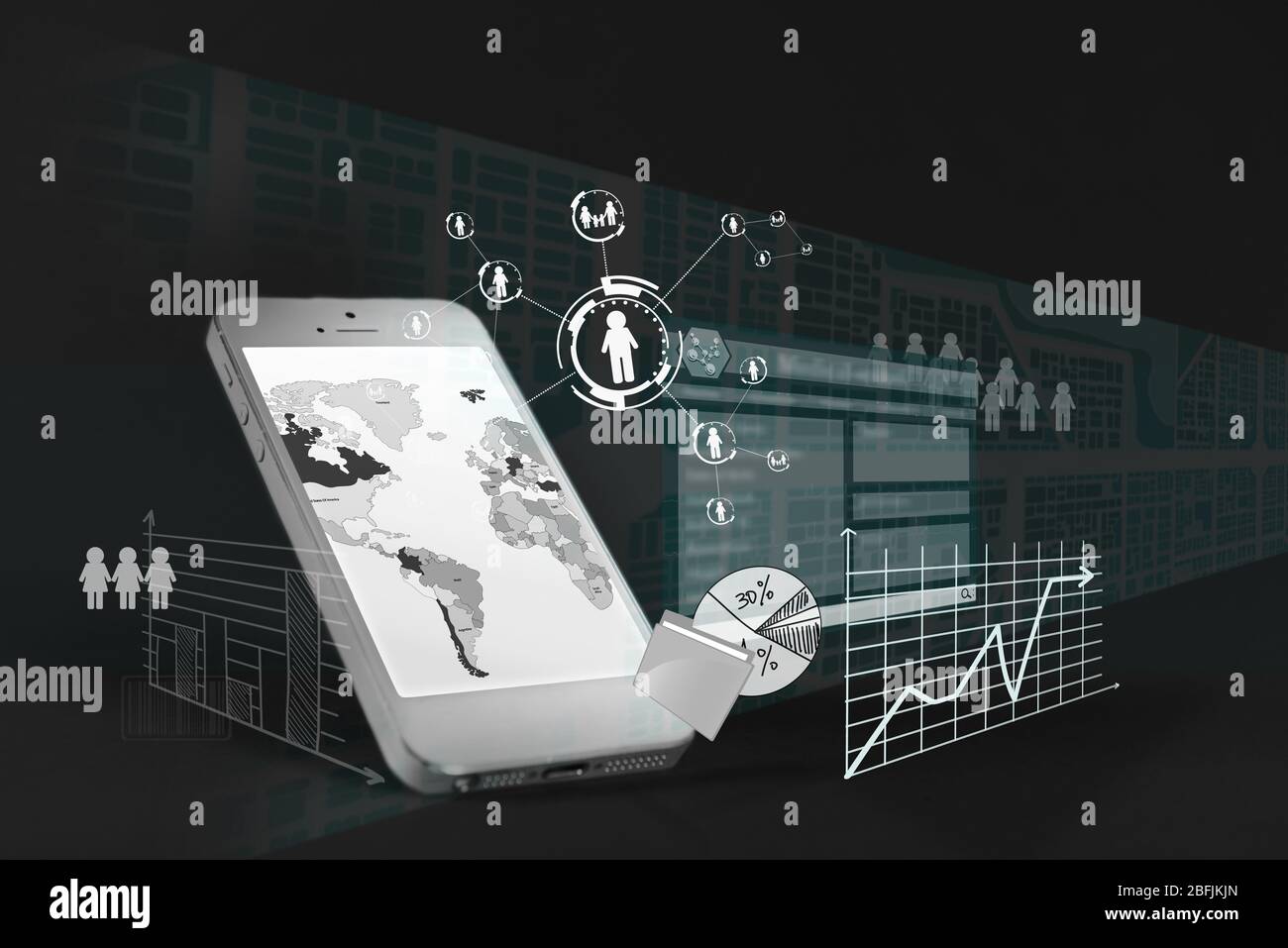 Smart phone with world map for social and internet connectivity concept ...