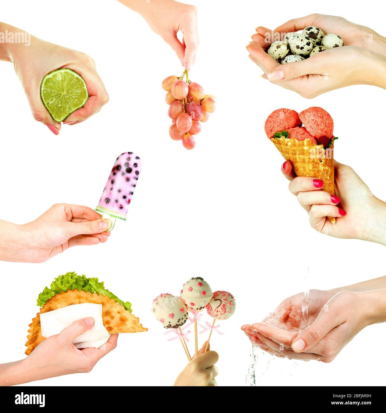 Collage of hands with food isolated on white Stock Photo - Alamy