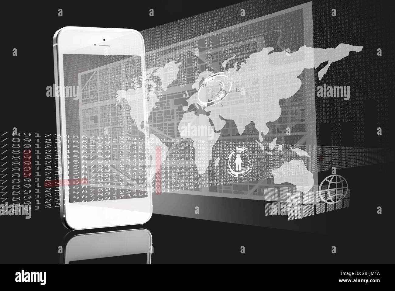 Smart phone with world map for social and internet connectivity concept ...