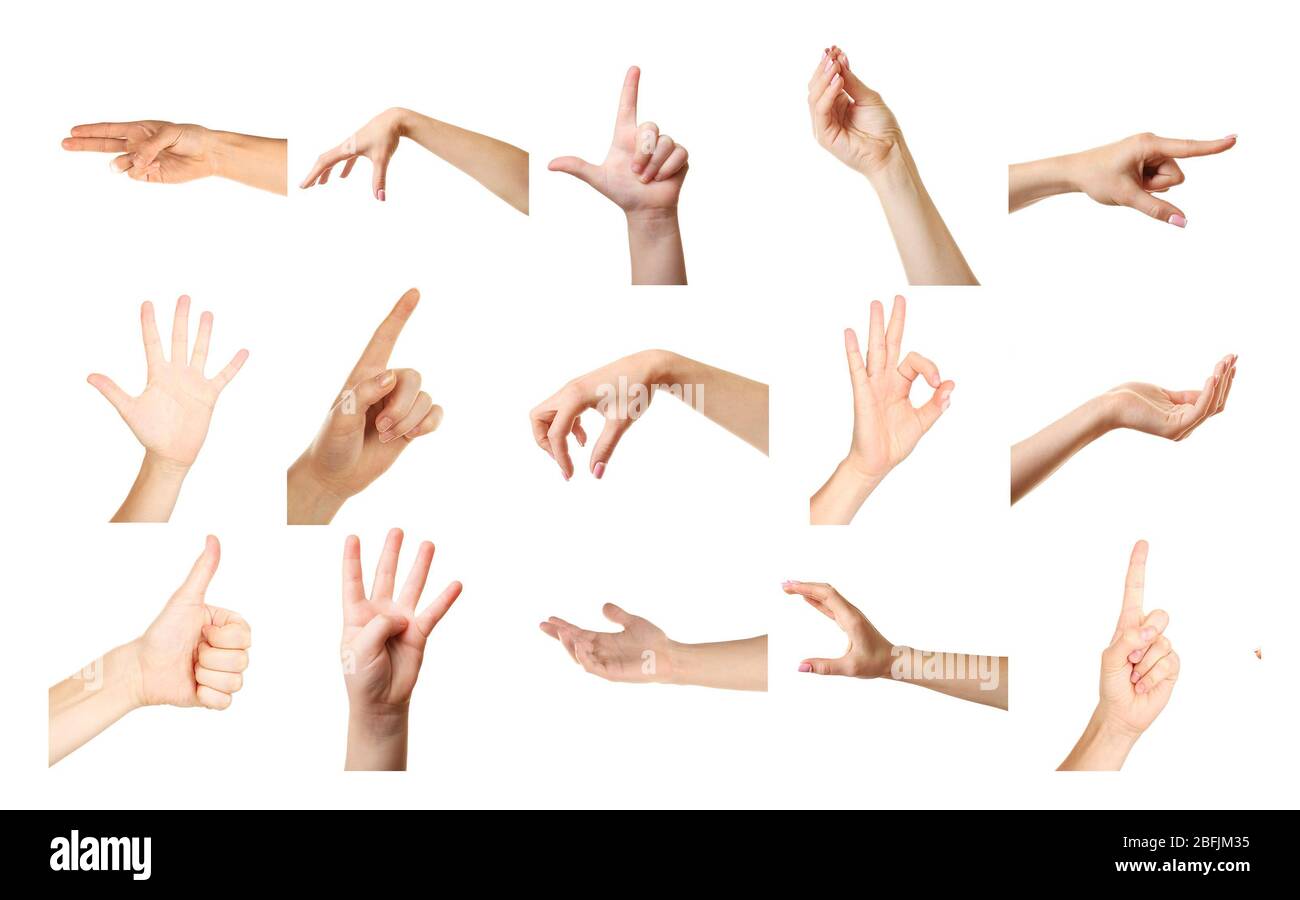 Collage of hands showing different gestures, isolated on white Stock ...