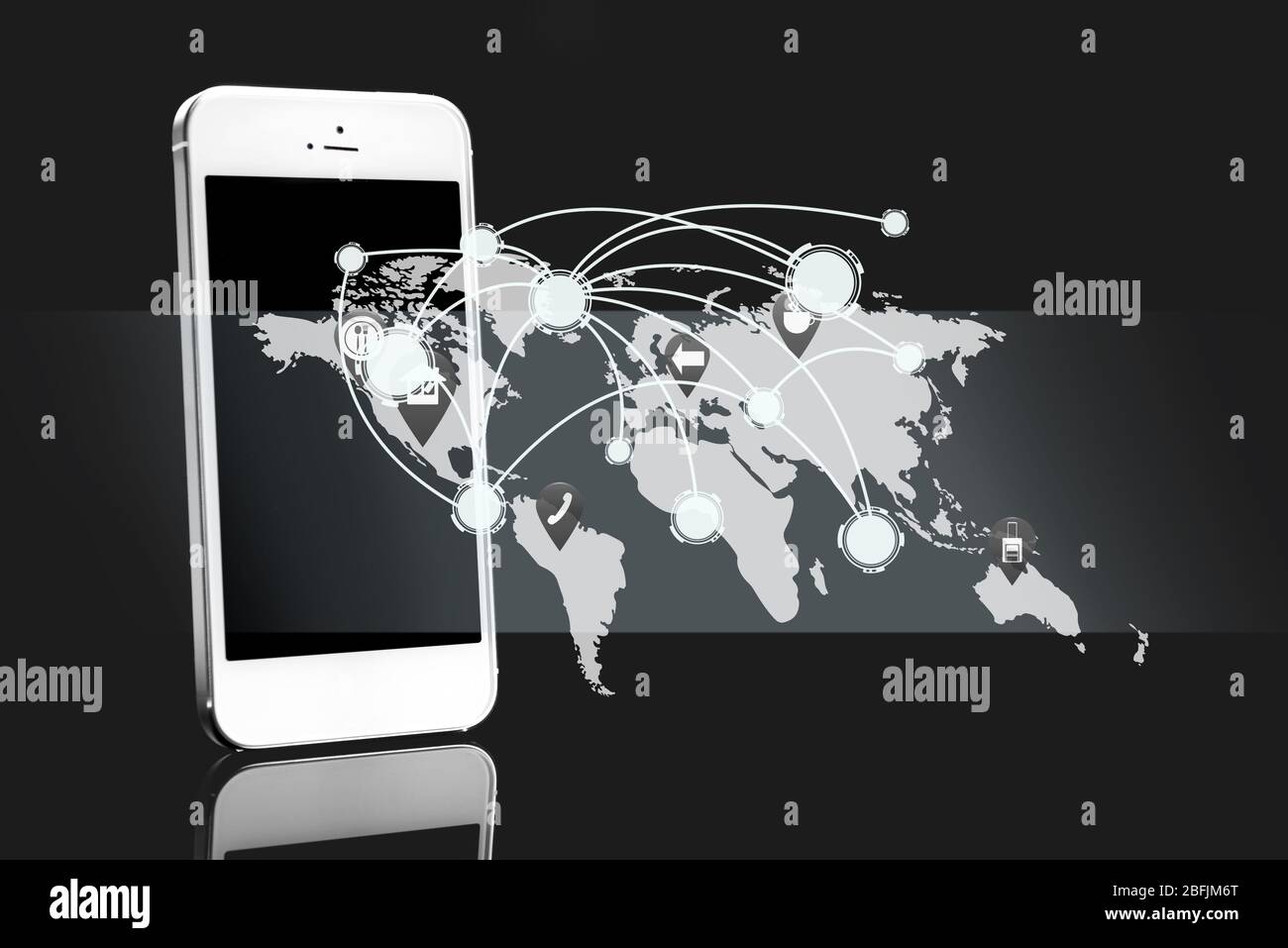 Smart phone with world map for social and internet connectivity concept ...