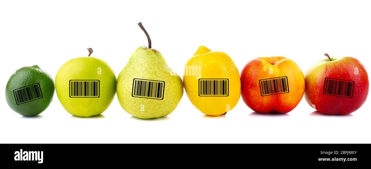Assortment of juicy fruits with barcodes isolated on white Stock Photo ...
