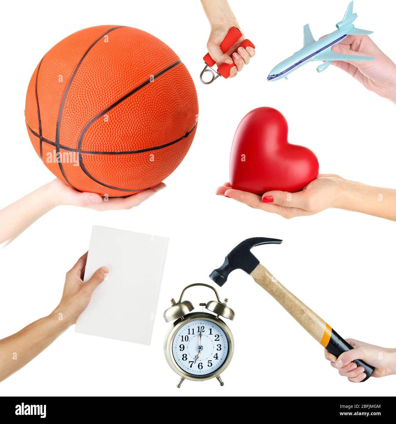 Different things in hands isolated on white in collage Stock Photo - Alamy