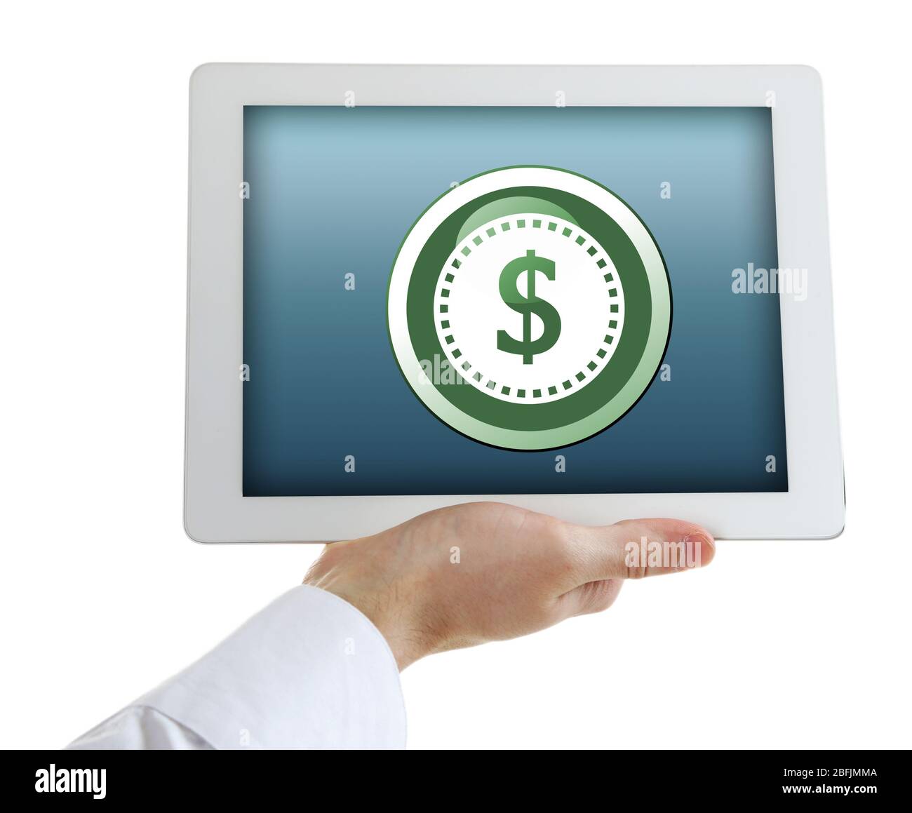 Money concept. Digital tablet in hand isolated on white Stock Photo - Alamy