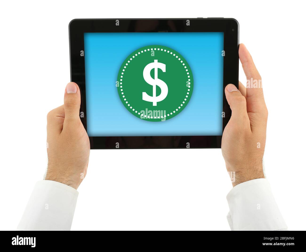 Hands hold tablet text sell Cut Out Stock Images & Pictures - Alamy