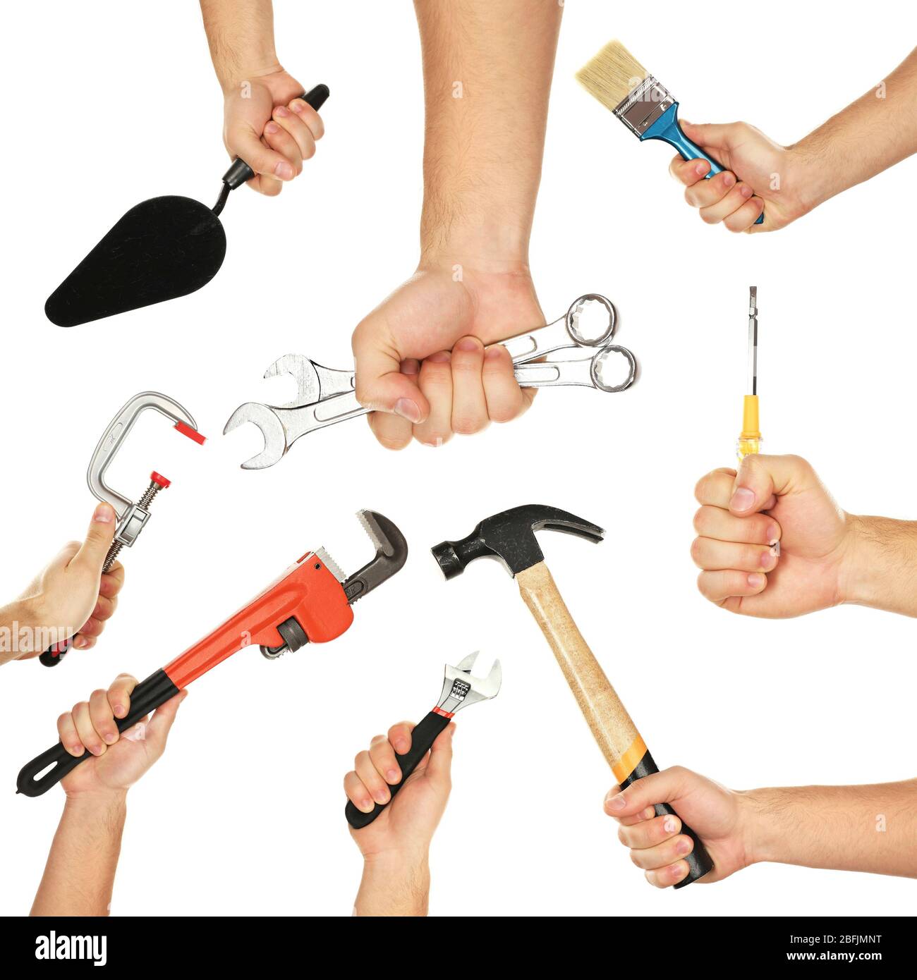 Different instruments in hands isolated on white in collage Stock Photo ...