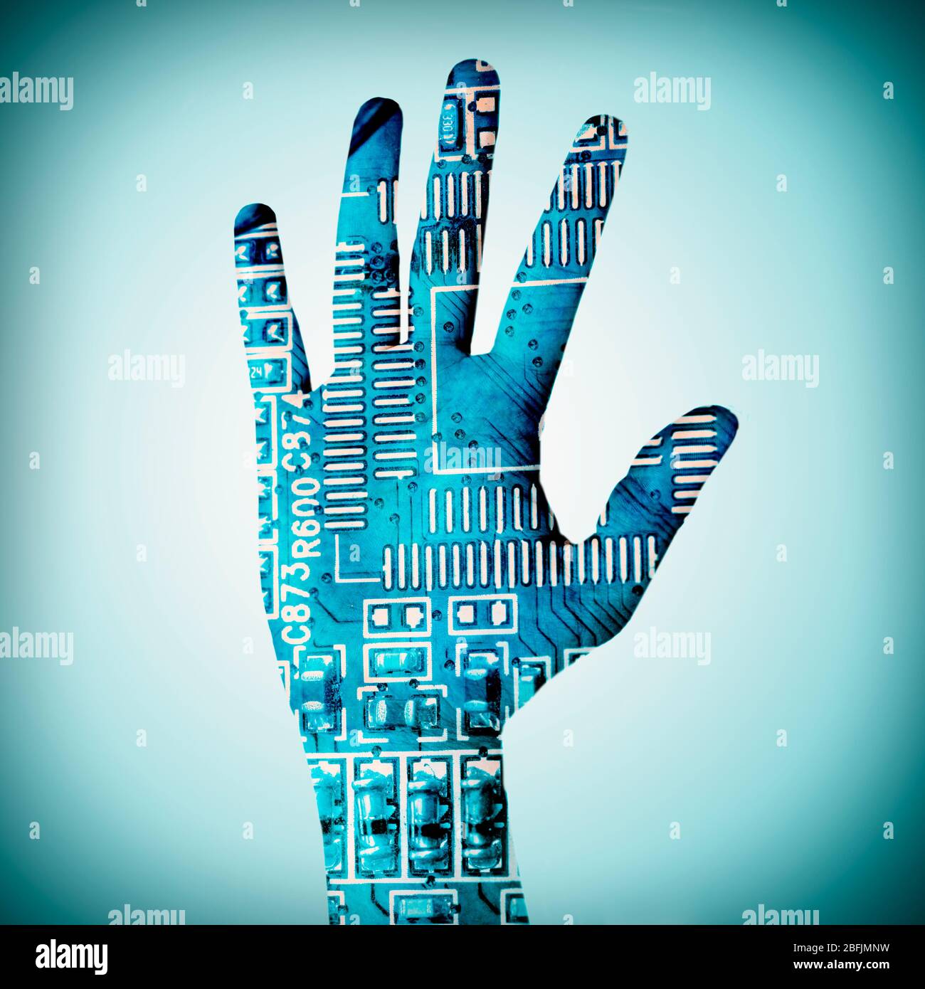 Human palm with microchip picture on it on bright color background ...