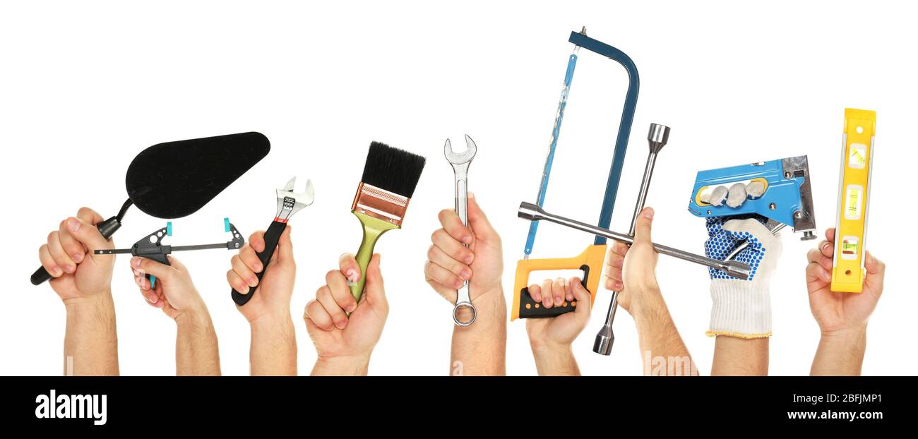 Different instruments in hands isolated on white in collage Stock Photo ...