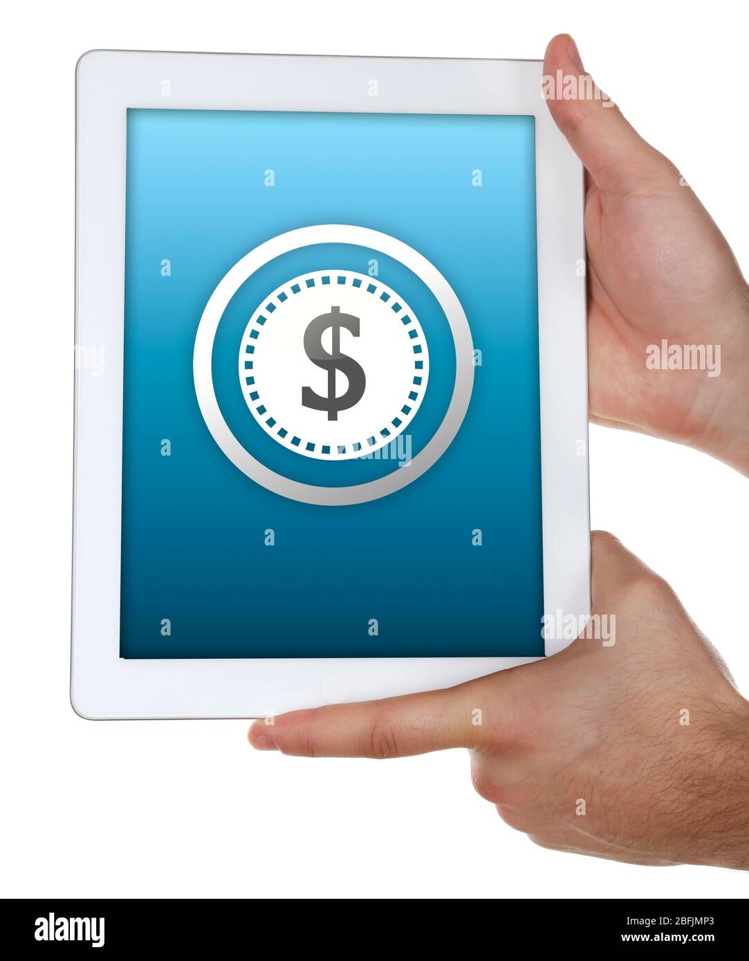 Money concept. Hands holding tablet pc with dollar sign isolated on ...
