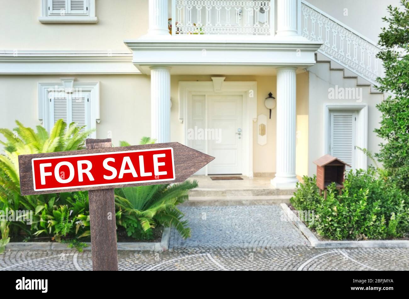 Real estate sign in front of new house for sale Stock Photo - Alamy