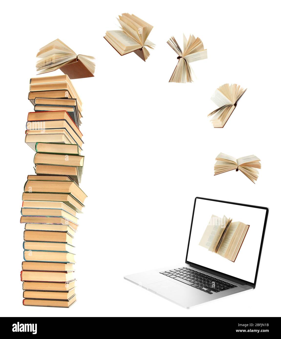 Information transfer.Books flying in tablet isolated on white Stock ...