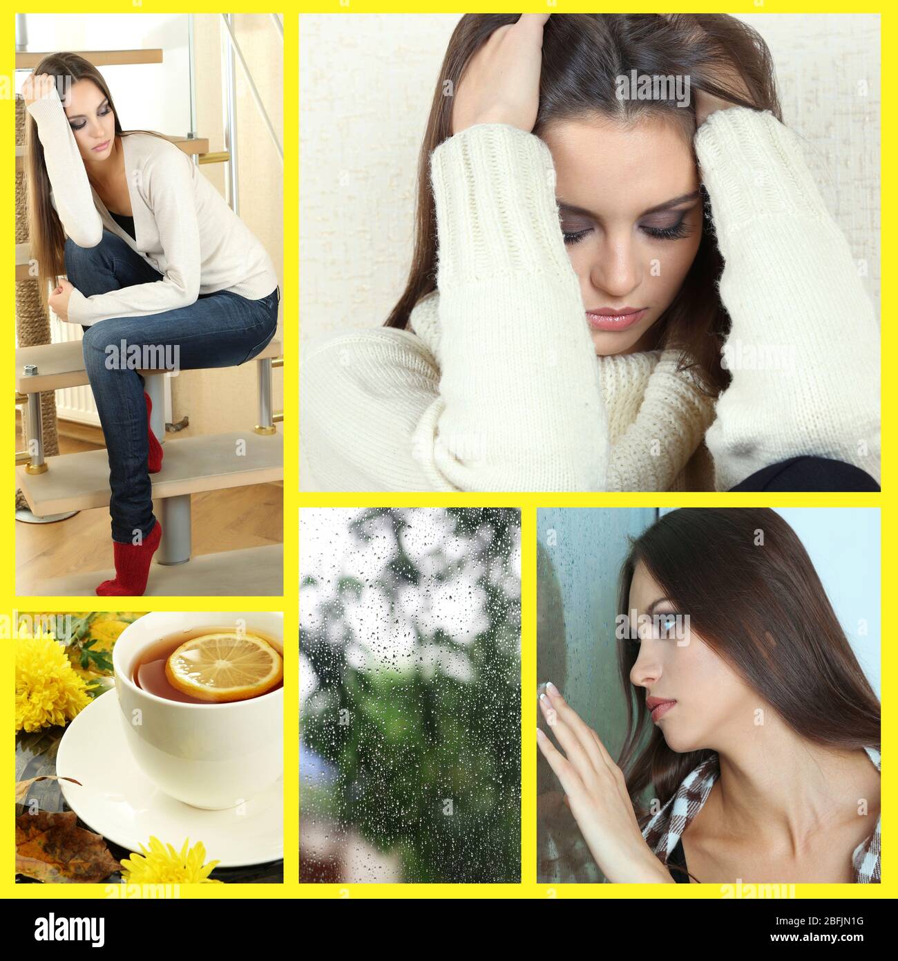 Collage of photos with lonely woman Stock Photo - Alamy