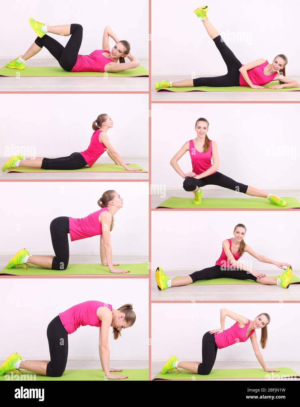 Health concept. Collage of different exercises by young woman Stock ...