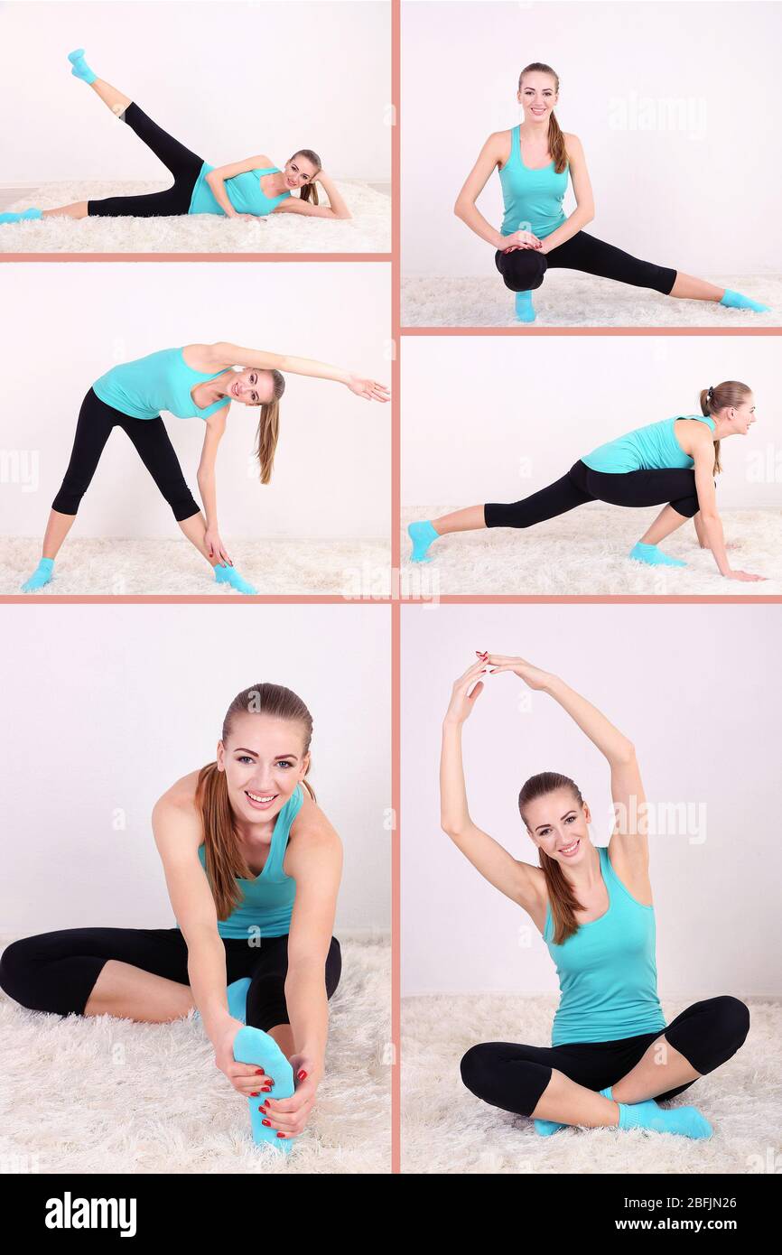 Health concept. Collage of different exercises by young woman Stock ...
