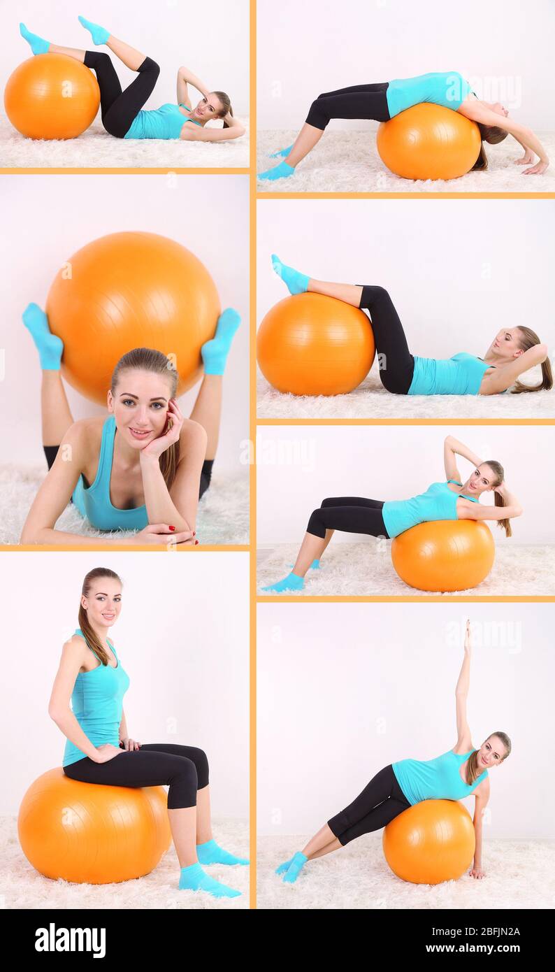 Health concept. Collage of different exercises by young woman Stock ...