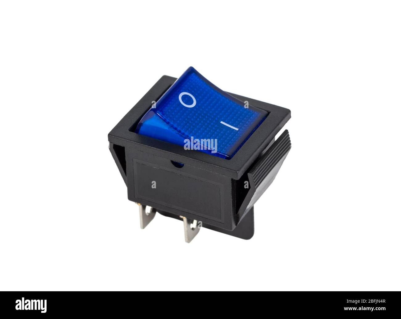 Blue electrical power switch, electronic component, isolated on white ...