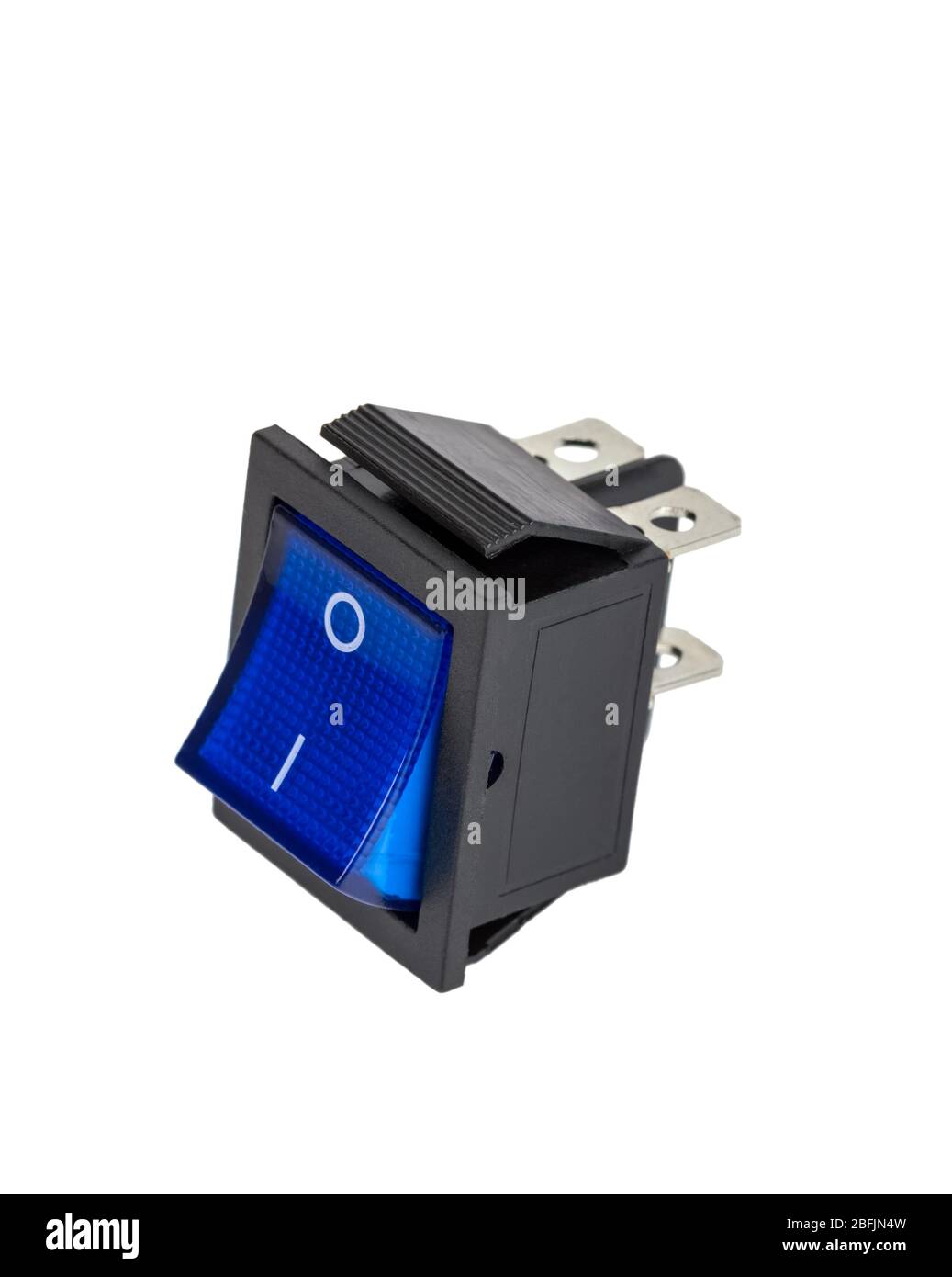 Blue electrical power switch, electronic component, isolated on white ...