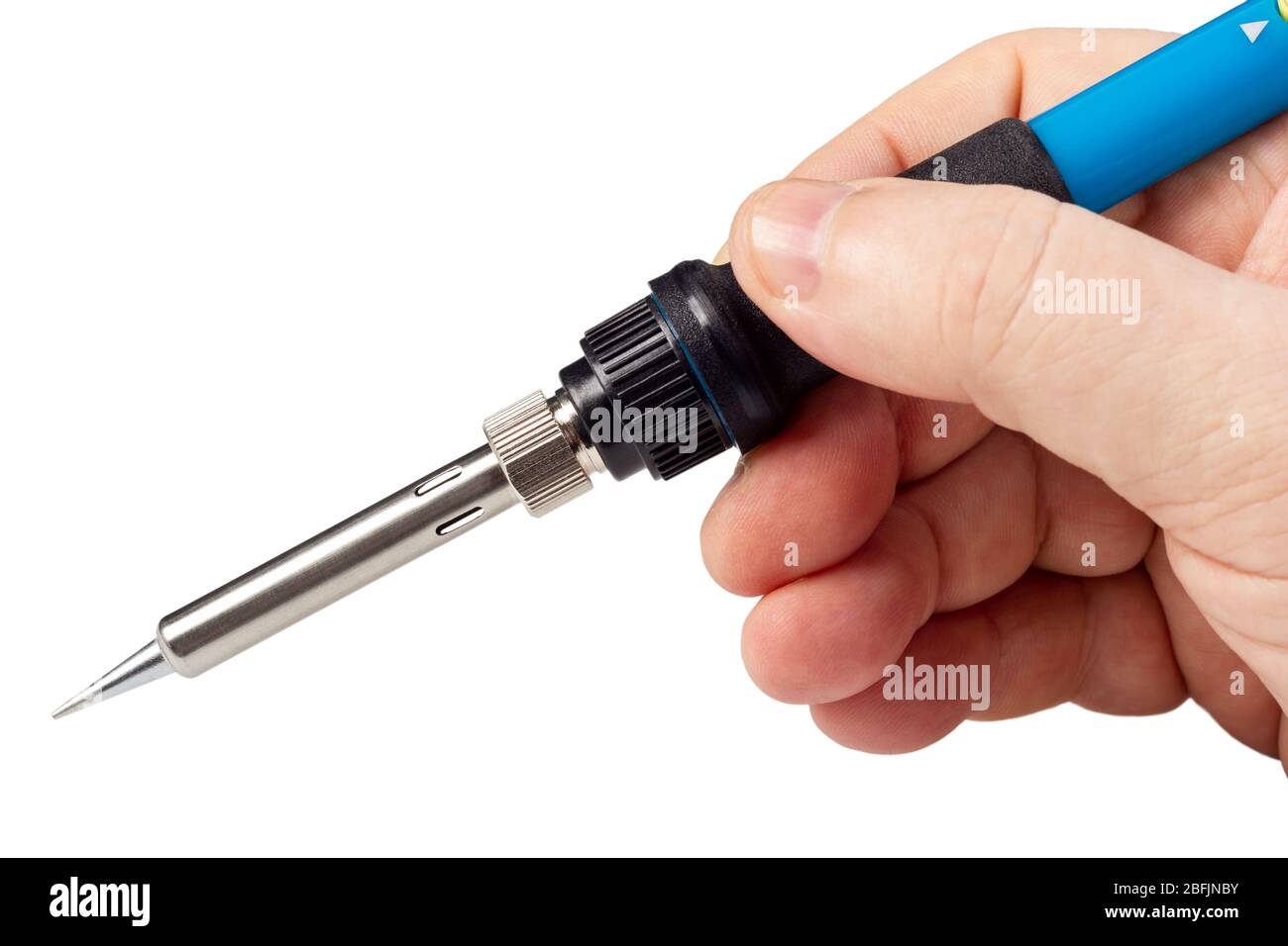 Soldering iron in hand with the blue handle isolated on a white ...