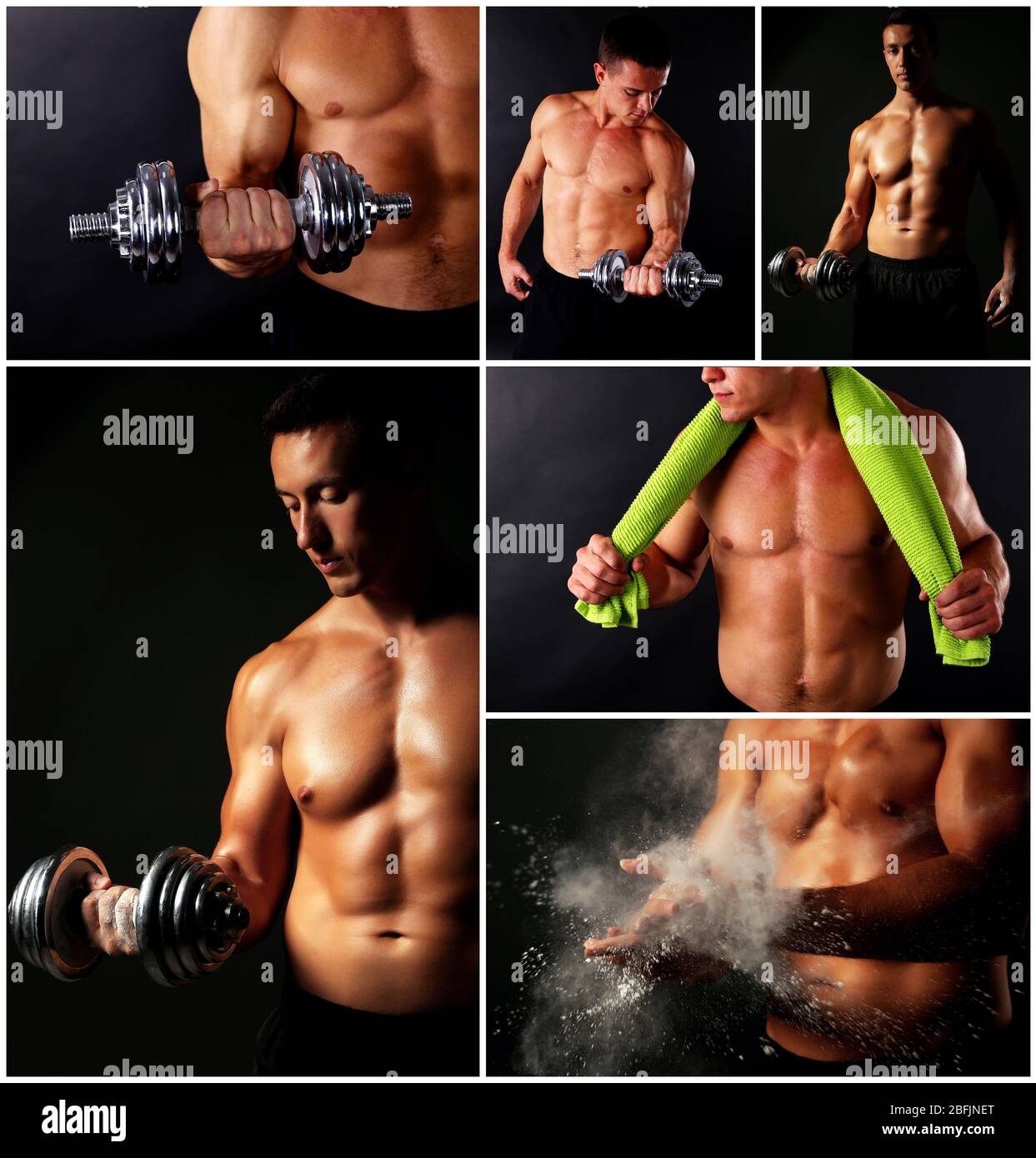 Collage of muscle young sportsman on dark background Stock Photo - Alamy