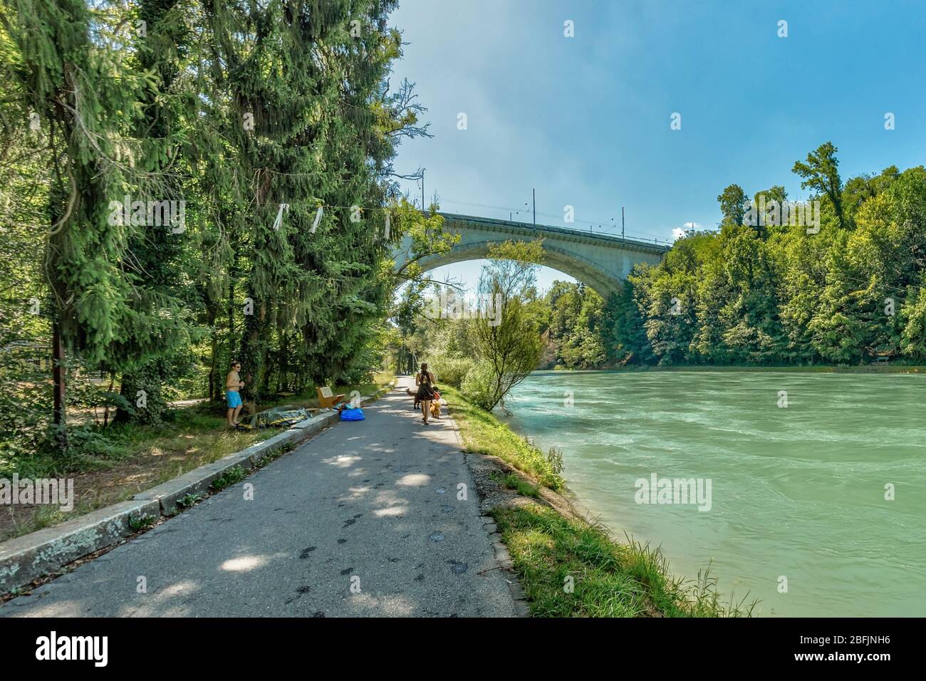 Bern, Switzerland - July 30, 2019: People walk under Lorrainebrucke ...