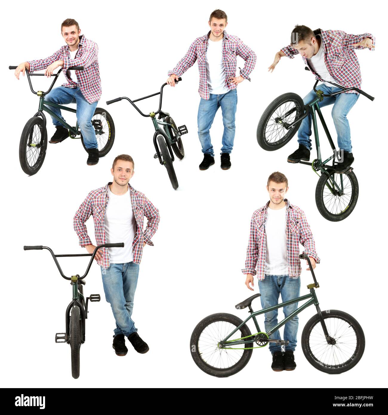 Bicycle collage. Boy on BMX bike isolated on white Stock Photo - Alamy