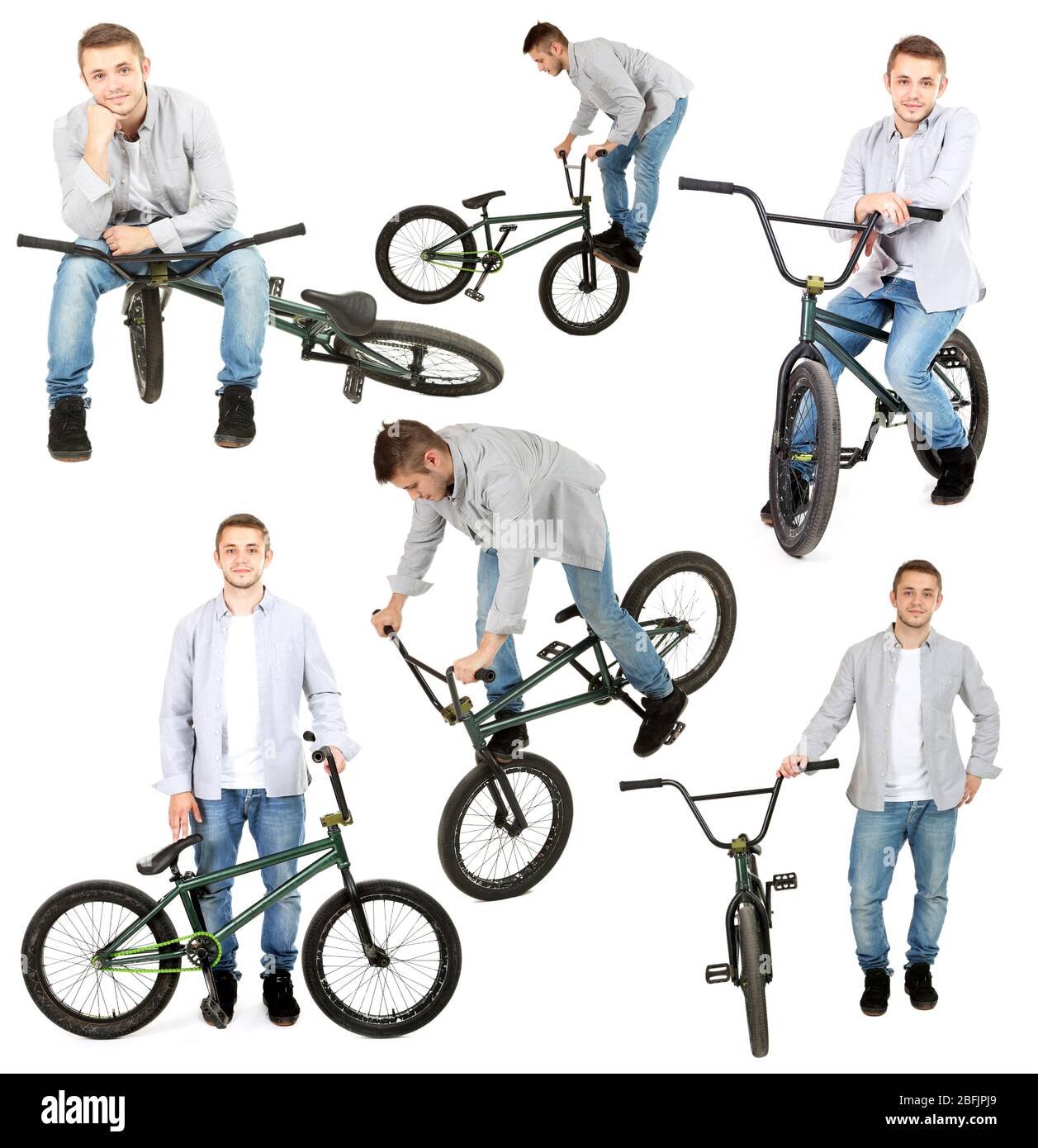 Bicycle collage. Boy on BMX bike isolated on white Stock Photo - Alamy