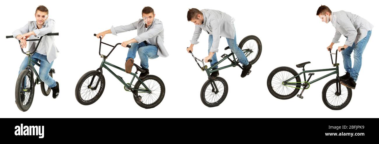 Bicycle collage. Boy on BMX bike isolated on white Stock Photo - Alamy