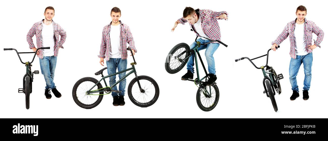 Bicycle collage. Boy on BMX bike isolated on white Stock Photo - Alamy