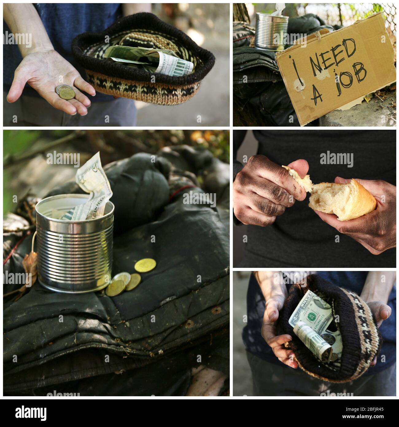 Poverty concept. Homeless men ask for help collage Stock Photo - Alamy
