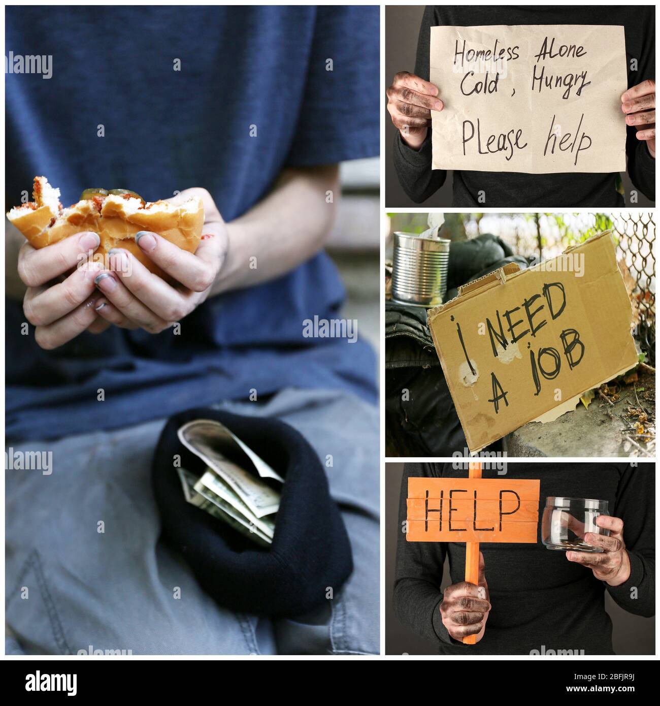 Poverty concept. Homeless men ask for help collage Stock Photo - Alamy