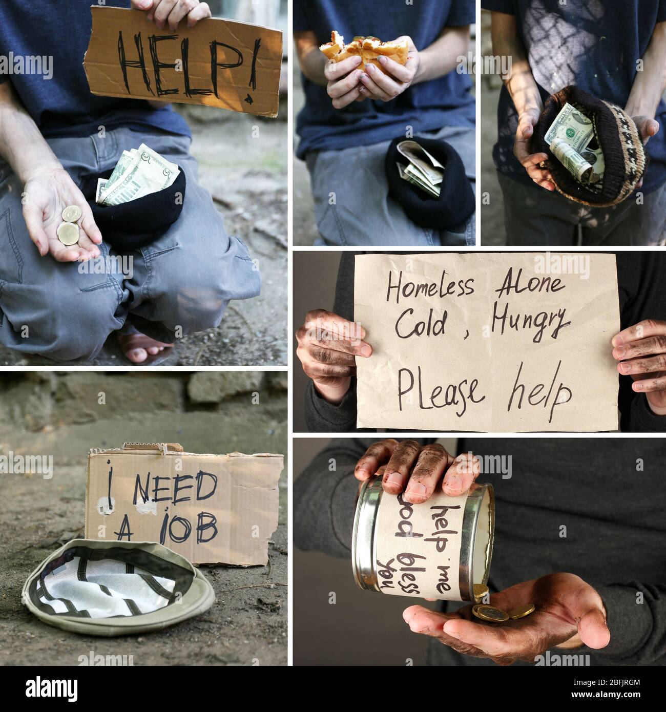 Poverty concept. Homeless men ask for help collage Stock Photo - Alamy