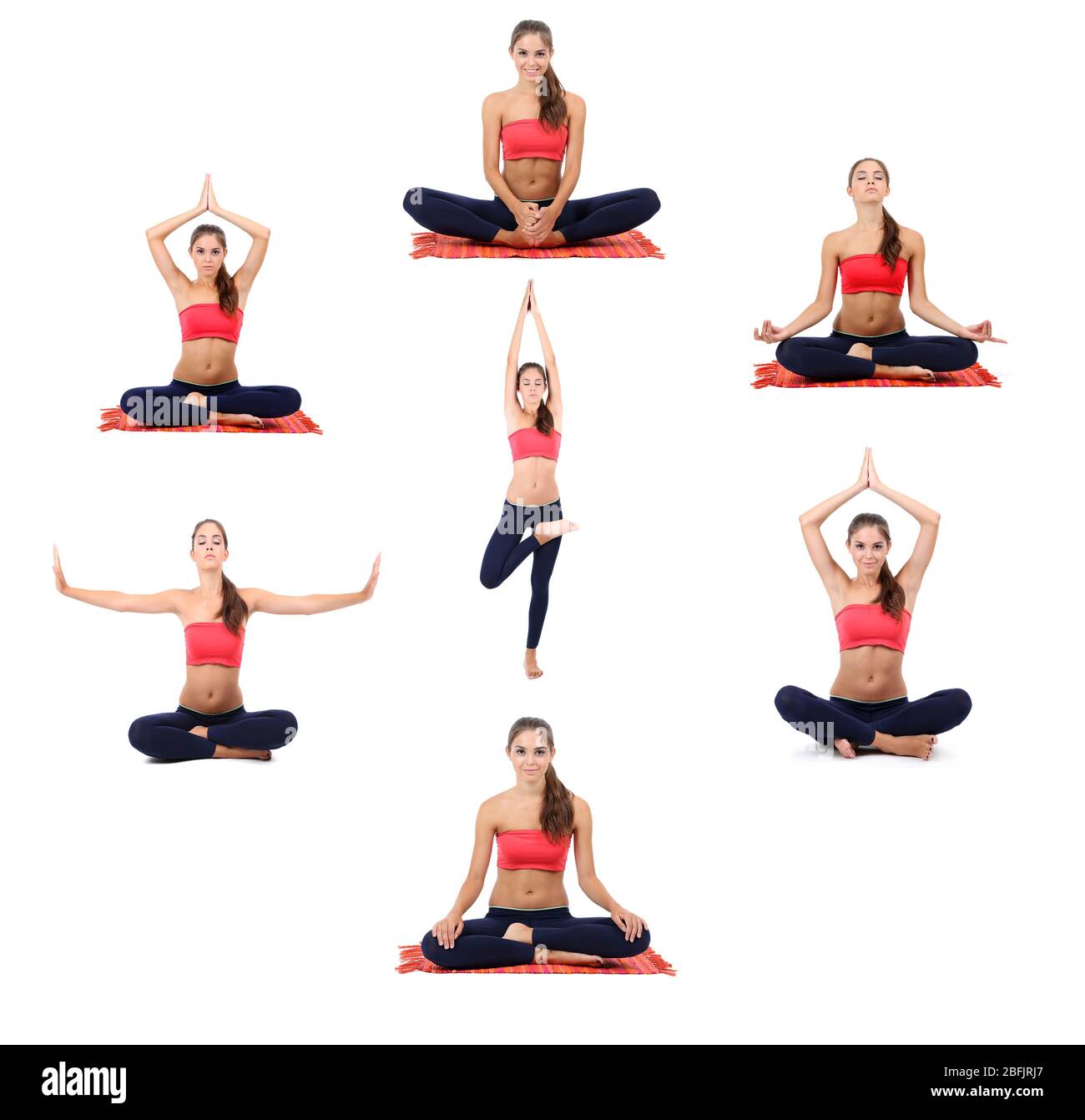 Collage of young beautiful fitness girl doing yoga exercise isolated on ...