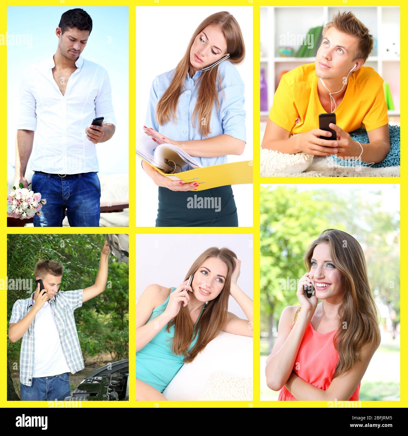 Connection concept. People with mobile phone collage Stock Photo - Alamy