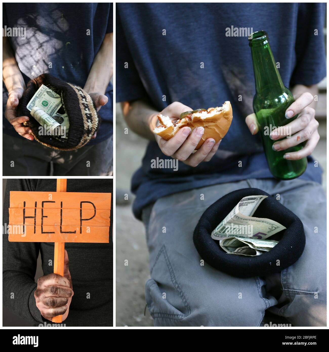 Poverty concept. Homeless men ask for help collage Stock Photo - Alamy
