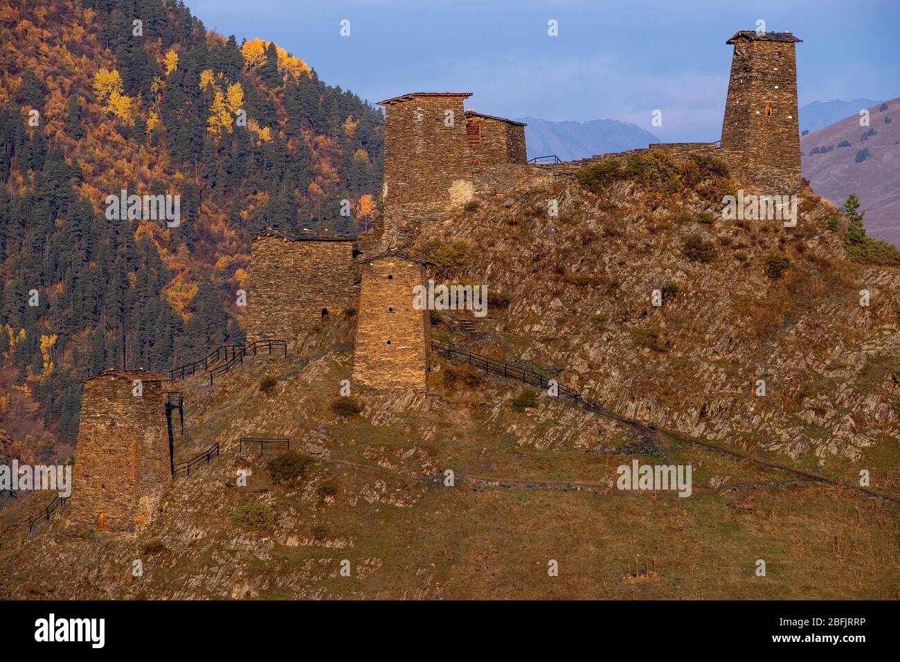 Caucasus, Georgia, Tusheti region, Omalo. The old fort overlooks the ...