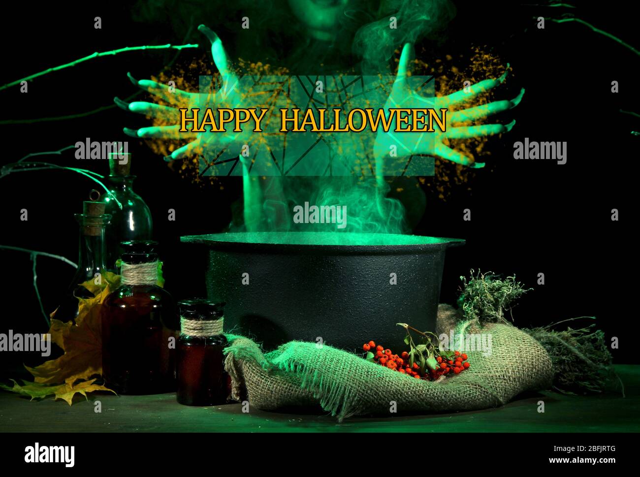 Witch in scary Halloween laboratory on dark background Stock Photo - Alamy