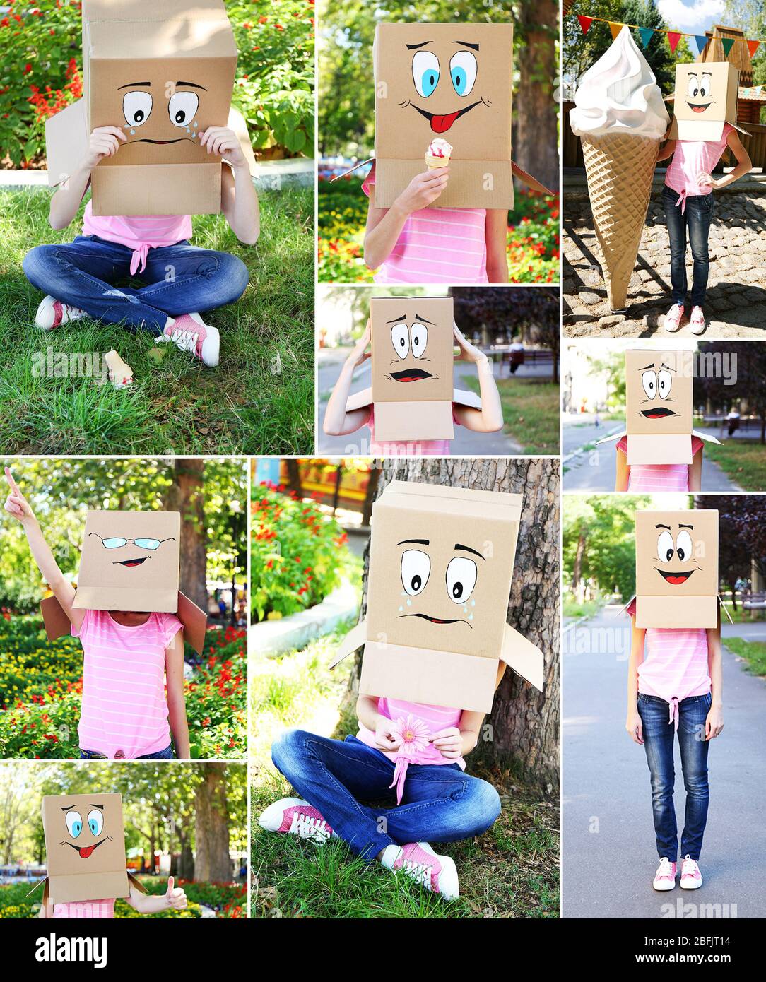 Collage of woman with cardboard box on her head, outdoors Stock Photo ...