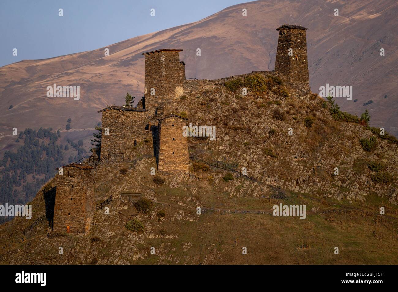 Caucasus, Georgia, Tusheti region, Omalo. The old fort overlooks the ...