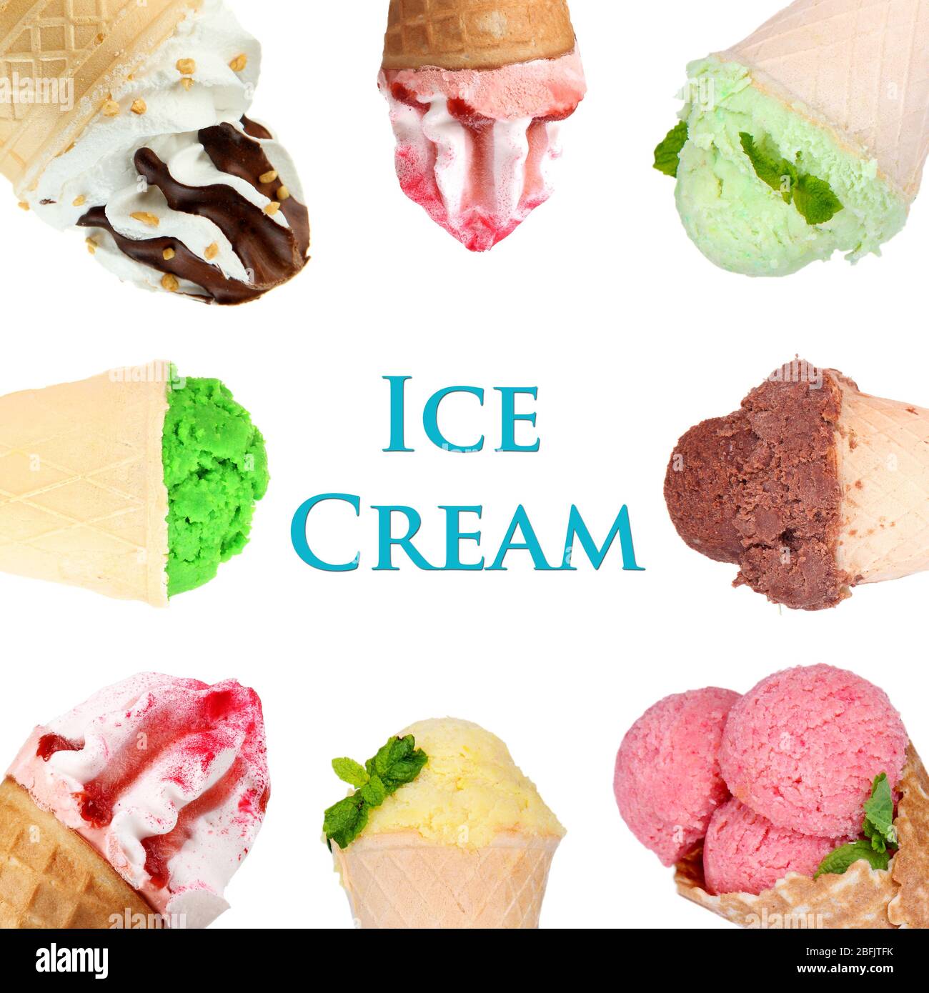 Ice cream horn collage isolated on white Stock Photo - Alamy
