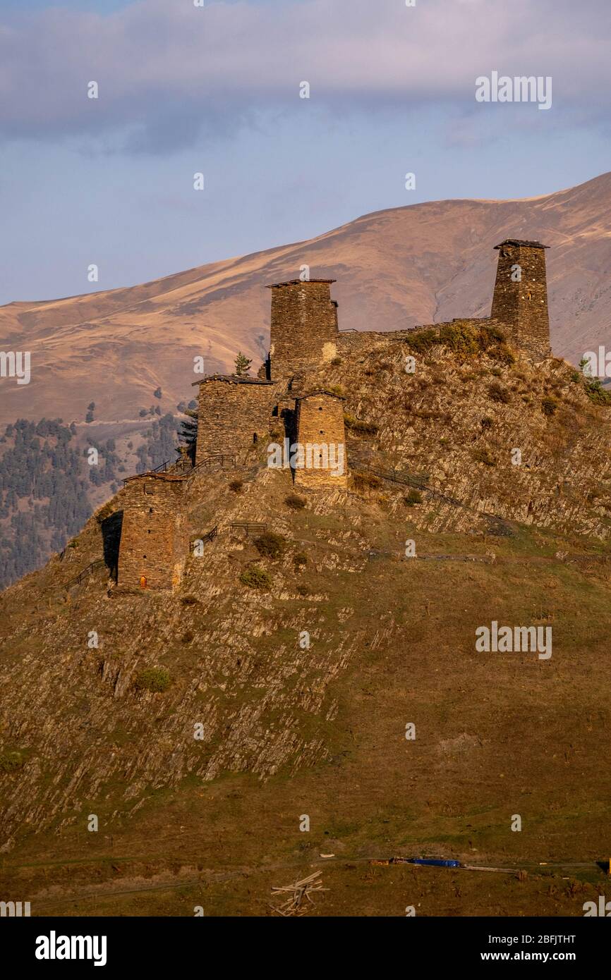 Caucasus, Georgia, Tusheti region, Omalo. The old fort overlooks the ...