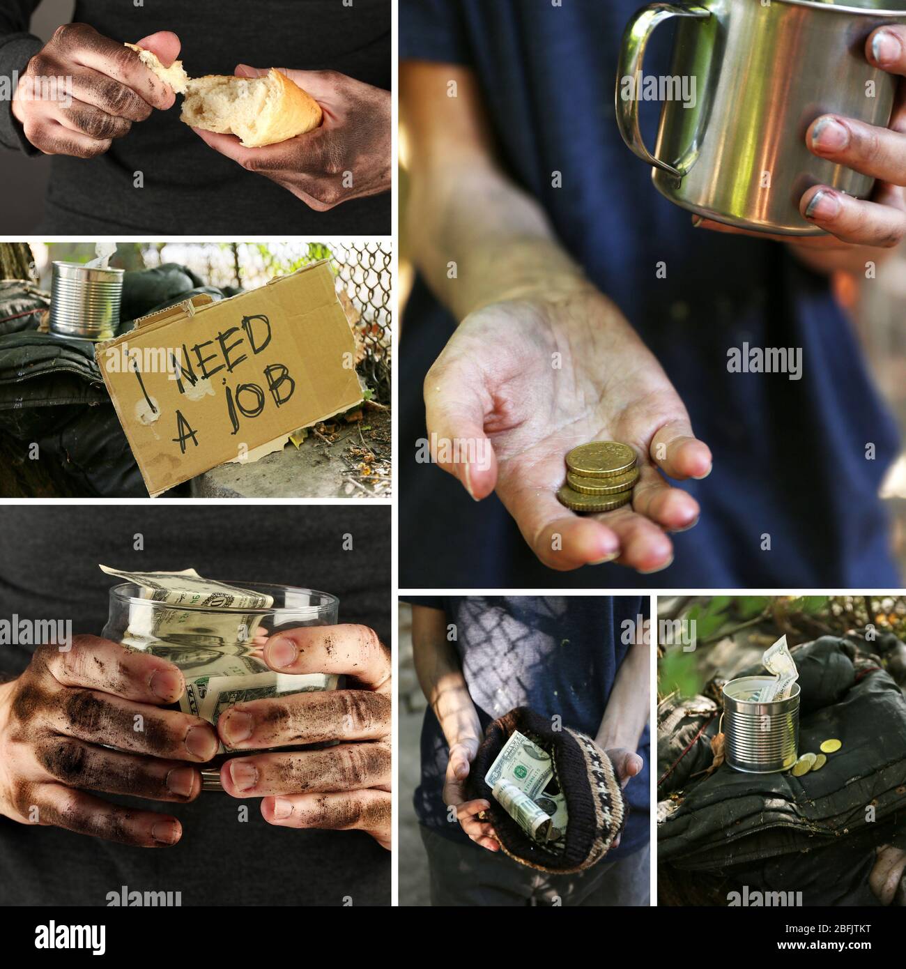 Poverty concept. Homeless men ask for help collage Stock Photo - Alamy