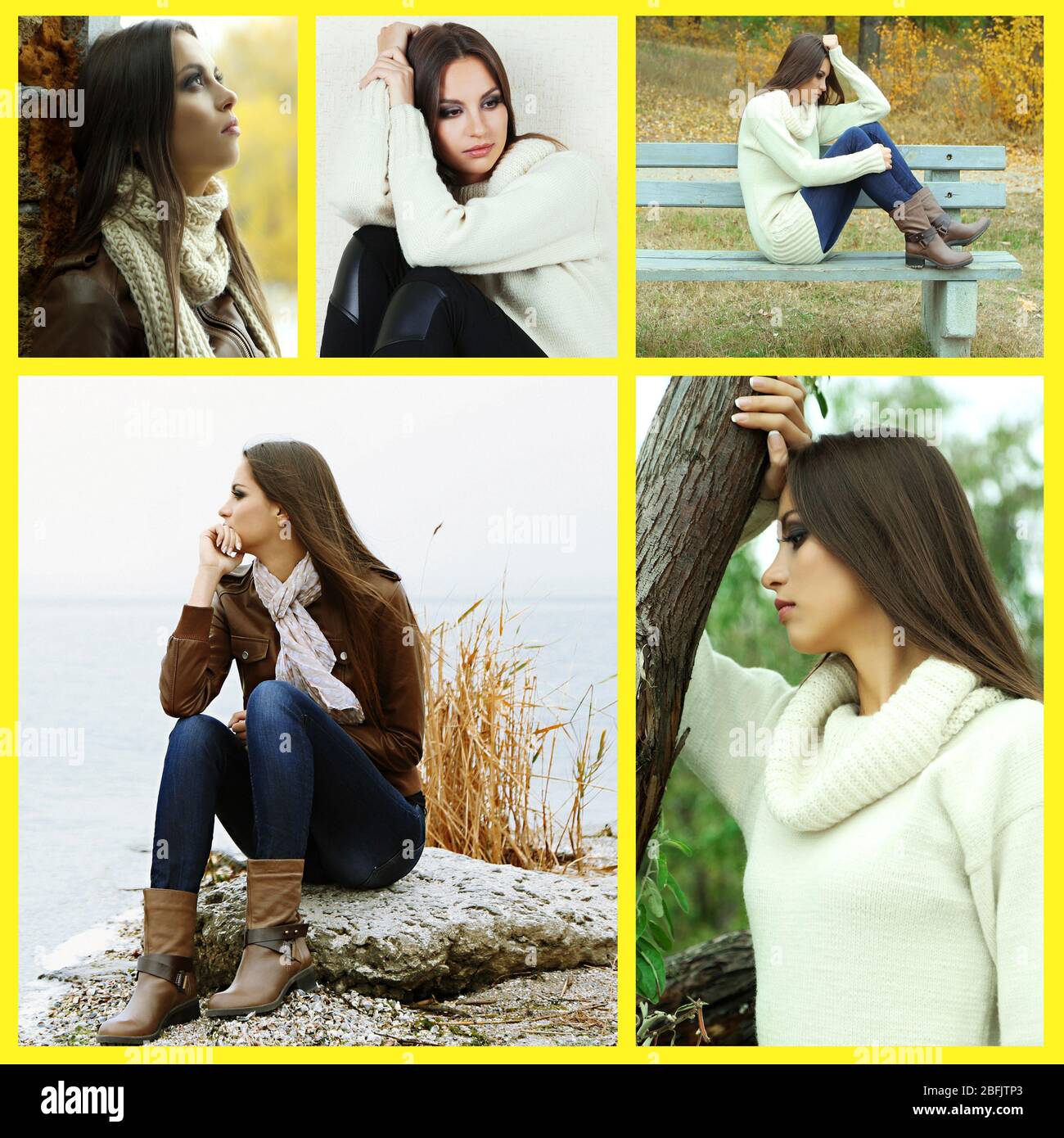 Collage of photos with lonely woman Stock Photo - Alamy