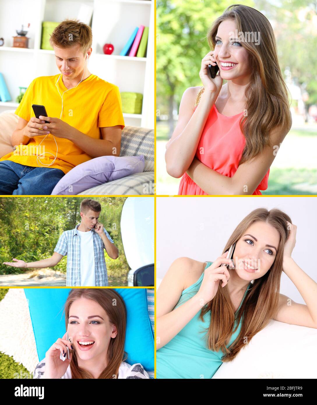 Connection concept. People with mobile phone collage Stock Photo - Alamy