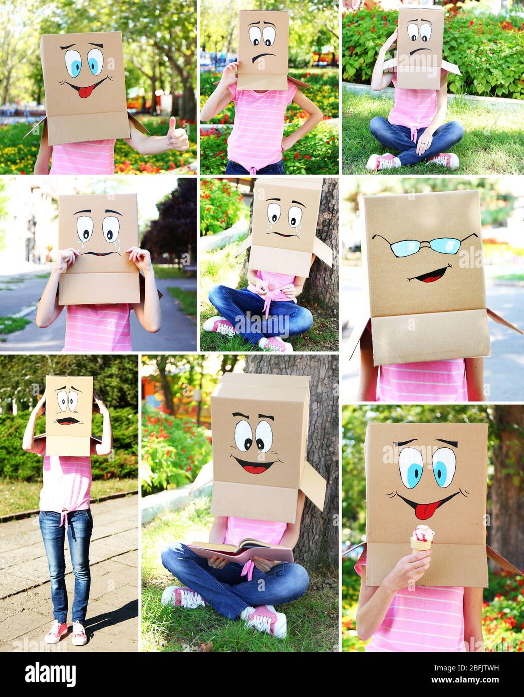 Collage of woman with cardboard box on her head, outdoors Stock Photo ...