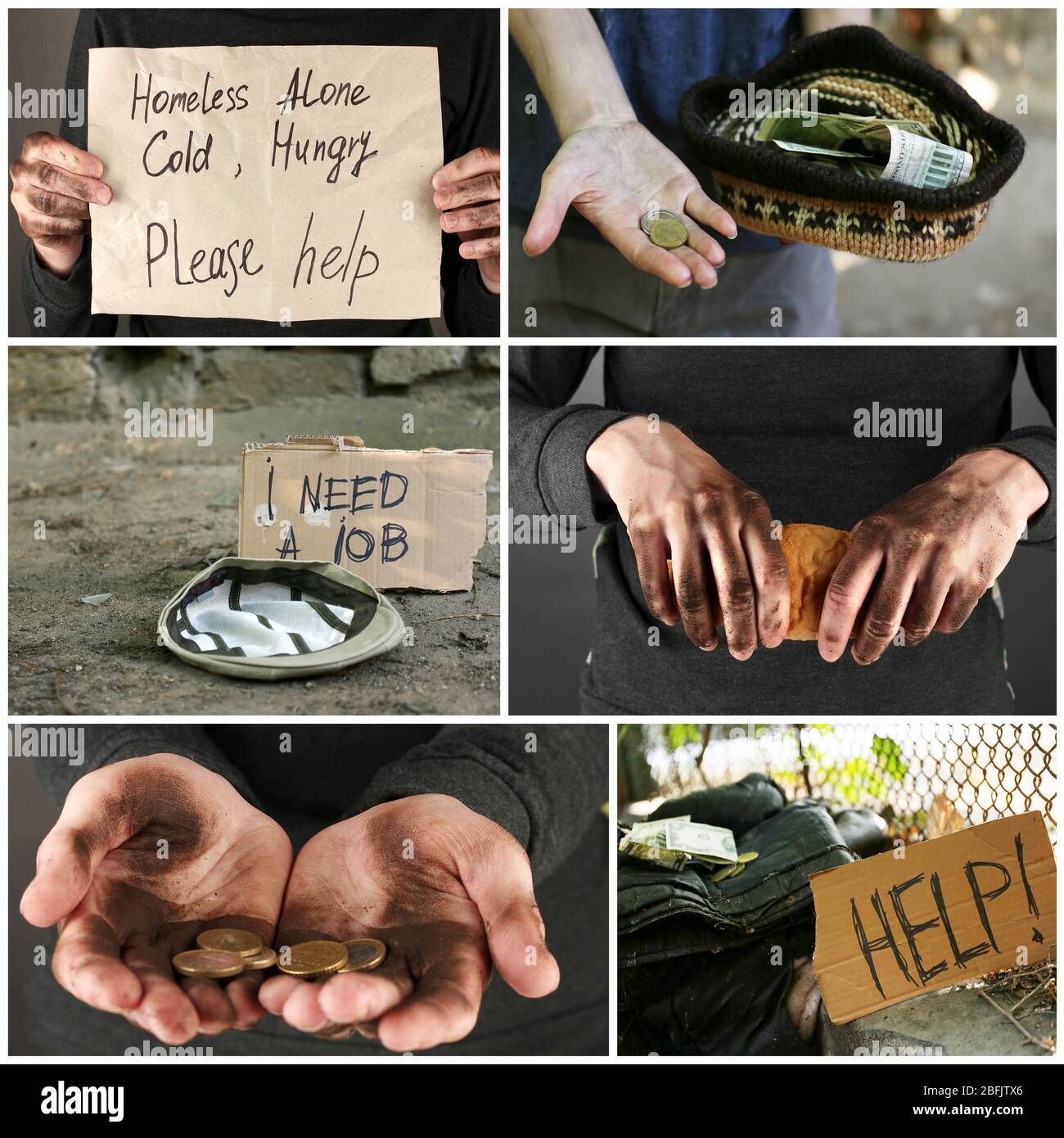 Poverty concept. Homeless men ask for help collage Stock Photo - Alamy