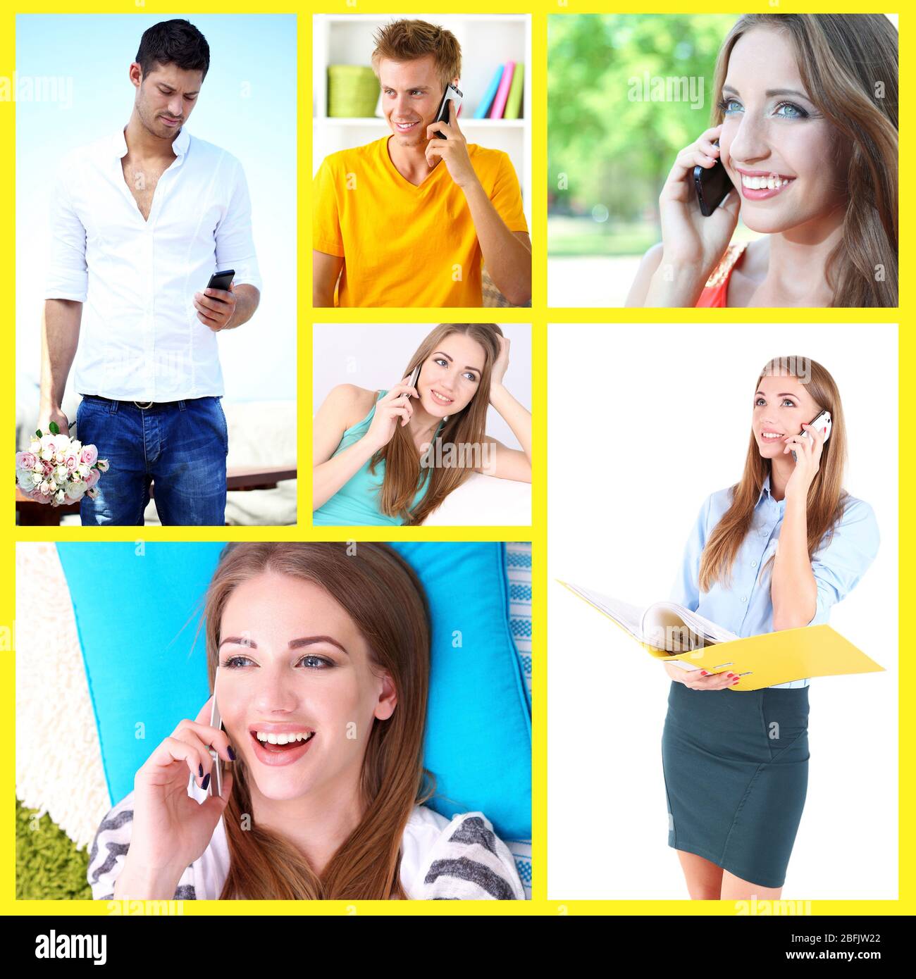 Connection concept. People with mobile phone collage Stock Photo - Alamy