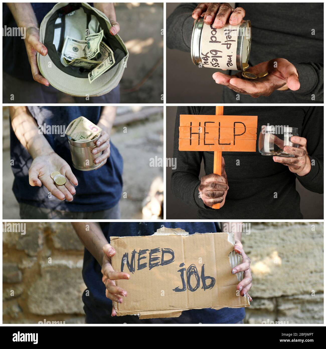 Poverty concept. Homeless men ask for help collage Stock Photo - Alamy
